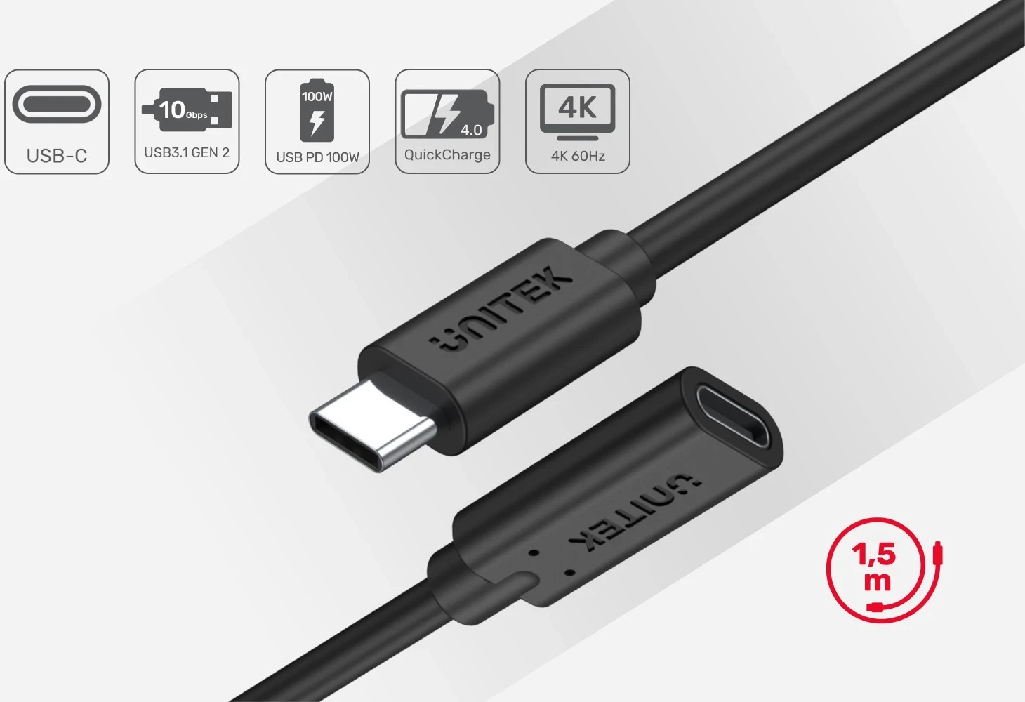 Kabllo zgjatëse Unitek USB-C 10Gbps 4K, PD 100W | foleja