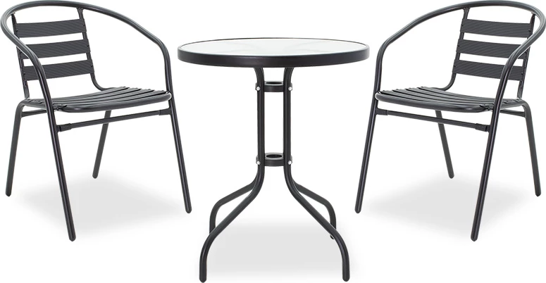 Tavolinë me karrige për terasë, 3 pjesë, metal e xham, ngjyrë e zezë, D60x70cm | PAW-200005110