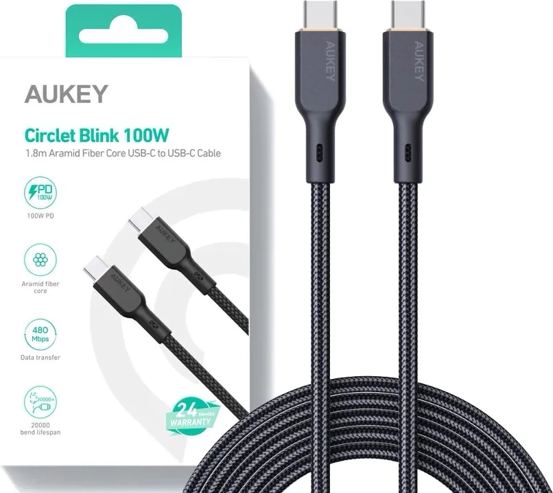 Kabllo AUKEY CB-KCC102 USB-C Type-C PD 100W 5A 1.8m me Kevlar, e Zezë ...